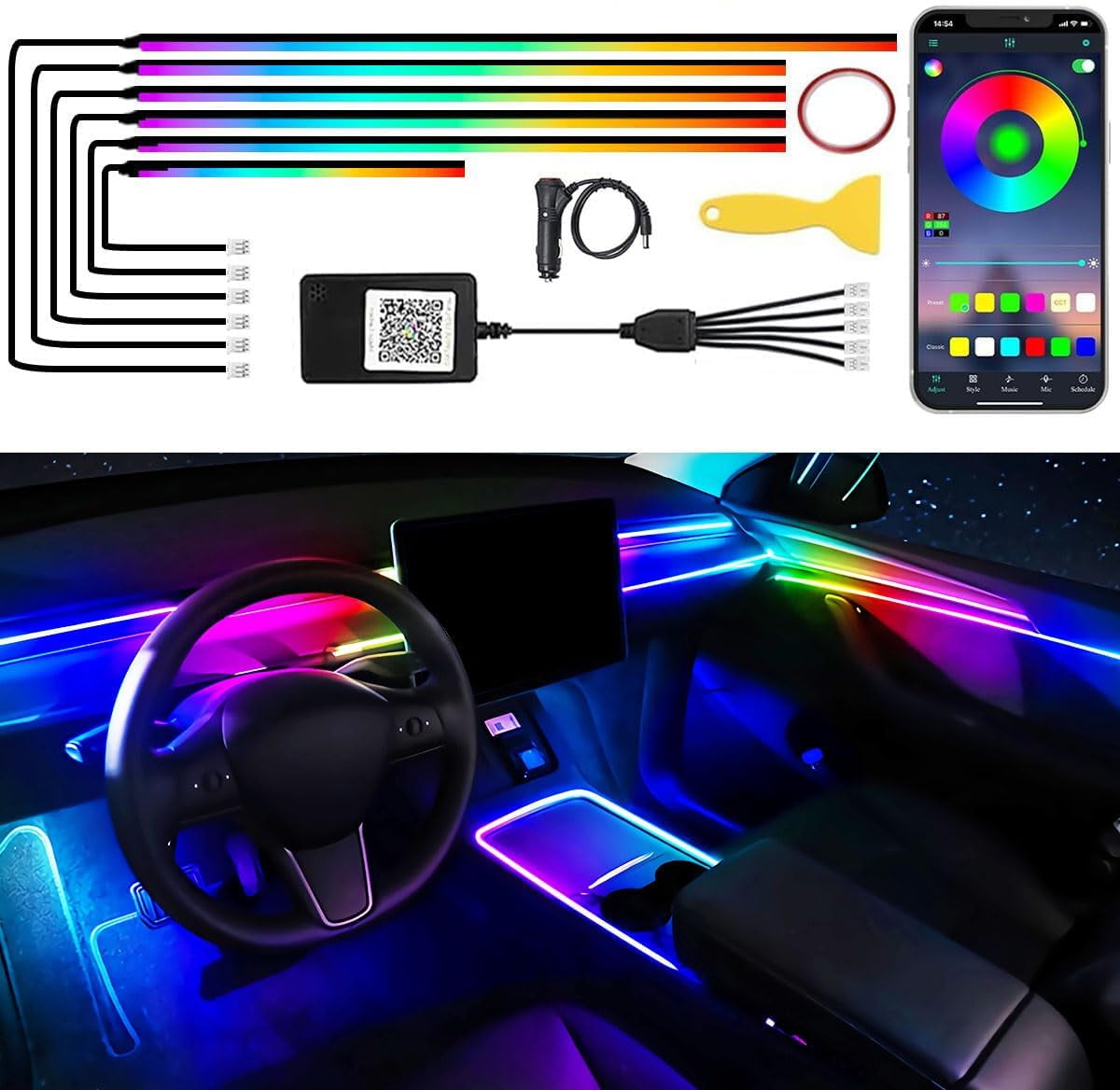 Acrylic Car LED Interior Strip Lights, 6 in 1 Dreamcolor Car Ambient ...