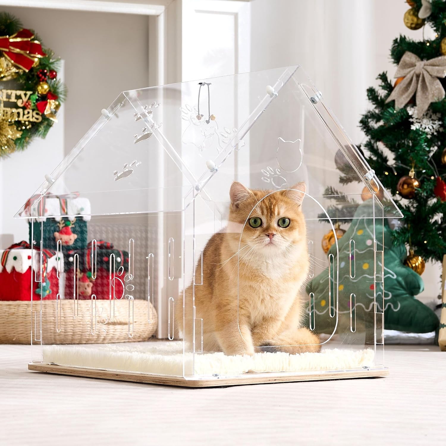 Acrylic Cat Houses for Indoor Cats, Modern Cat Cave with Washable Soft ...