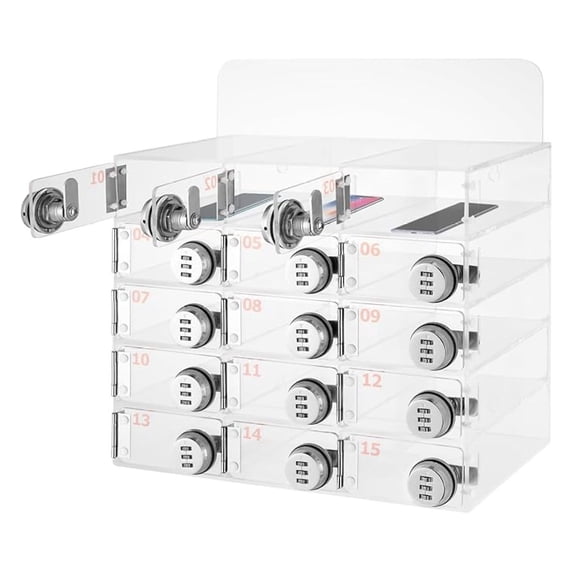 Acrylic Cell Phone Locker Box - 15 Slots, Clear, Locking, Perfect for ...