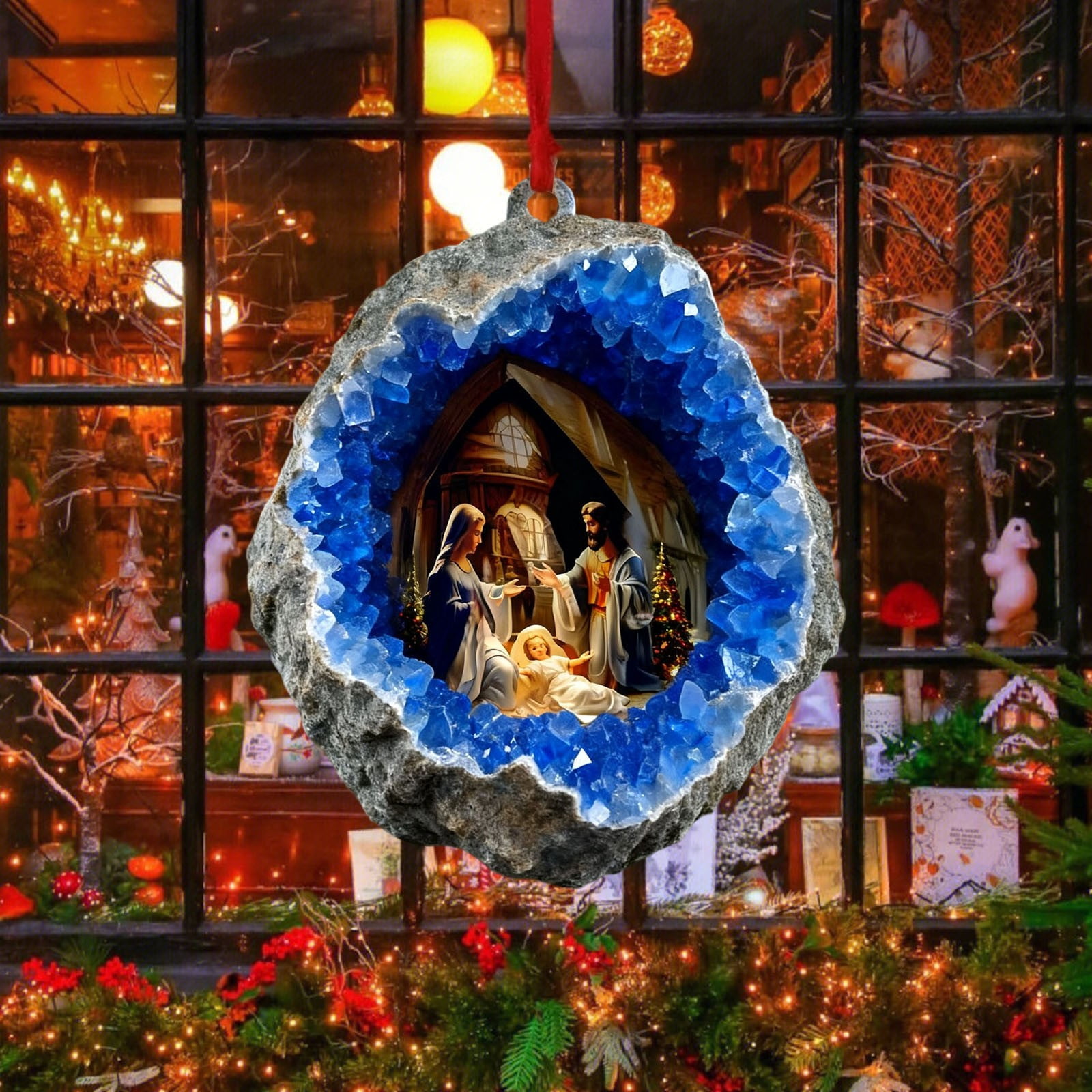 Acrylic Christmas Religious Pendant with Crystal Grotto Design, Round ...