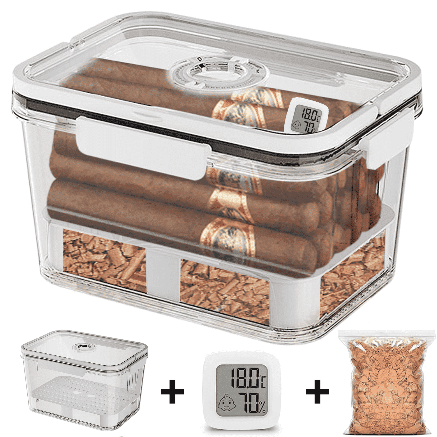 Acrylic Cigar Humidor Box Case Jar with a Bag of Cedar and Hygrometer ...