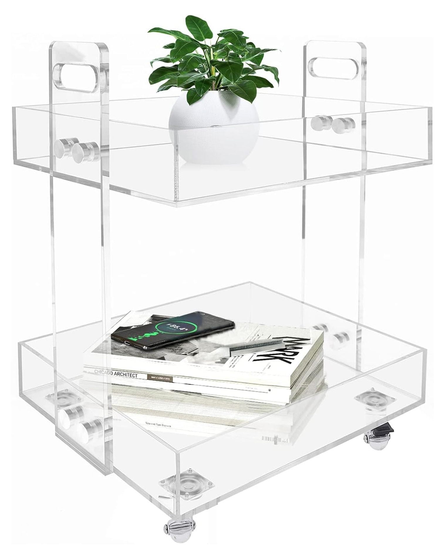 Acrylic Clear Side Table on Wheels, Modern Design Rolling Storage Acrylic Cart Home Decor ...