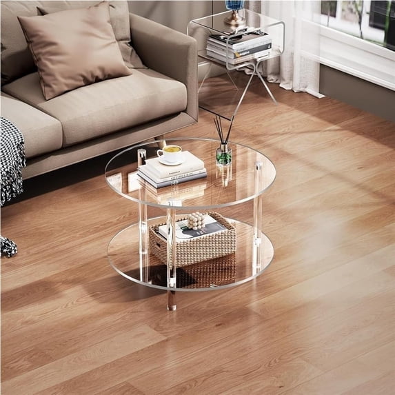 Acrylic Coffee Table, 2 Tier Round Coffee Table, Modern Clear Coffee ...