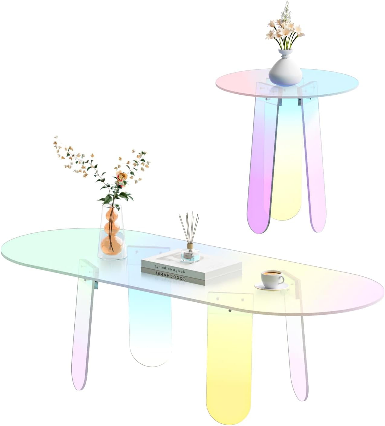 Acrylic Coffee Table Set of 2, 17.7" and 47.2" Extra Long Iridescent ...