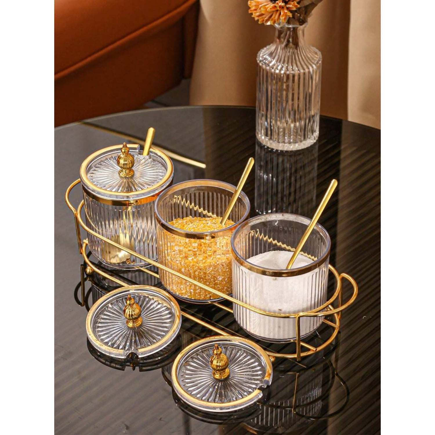 Acrylic Condiment Spice Jars and Box with Lids, Spoons, Tray - With 3 ...