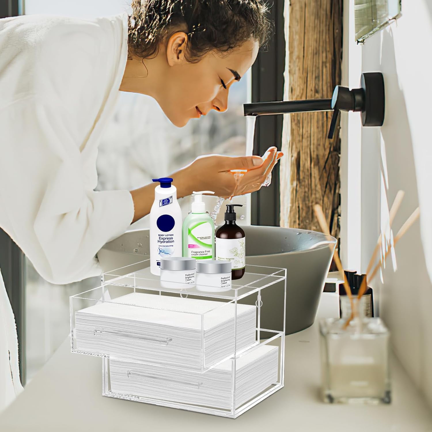 Acrylic Disposable Face Towel Storage Box with Two Drawers for Clean ...