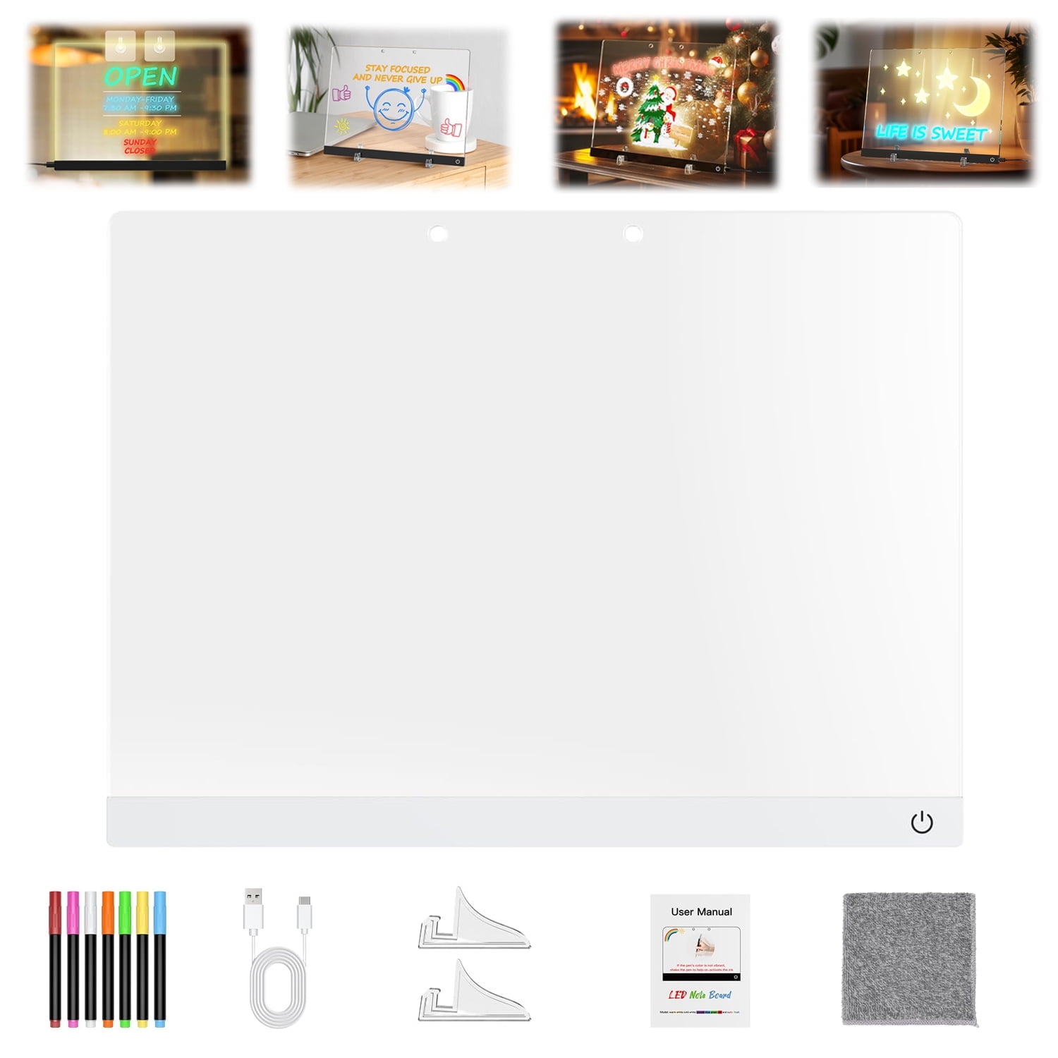 Acrylic Dry Erase Board with Light, 13.7"X10" 6-Color Neon Glow Memo LED Light-Up Message Note ...