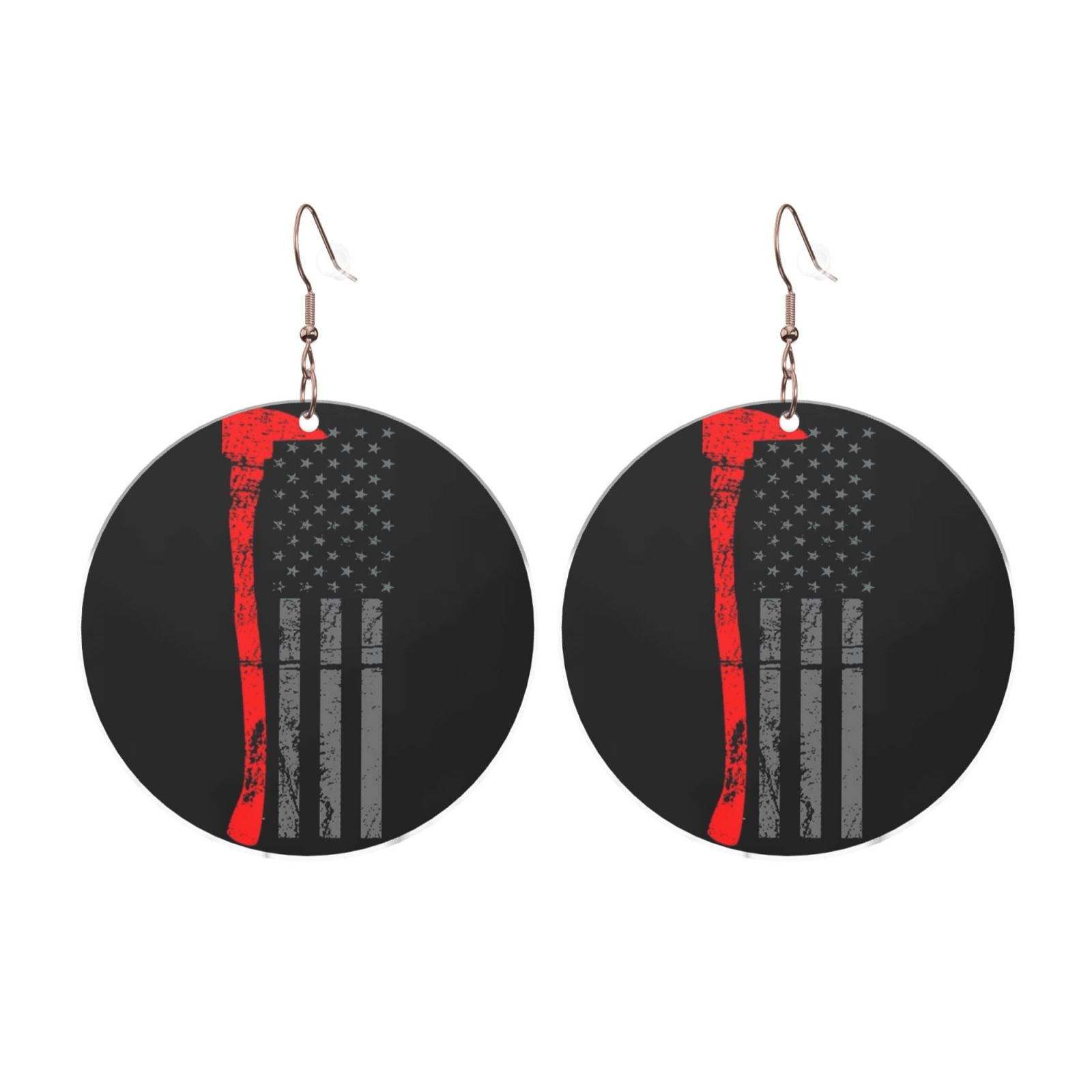 Acrylic Earrings Thin Red Firefighter Line Axe Flag Pattern Round ...