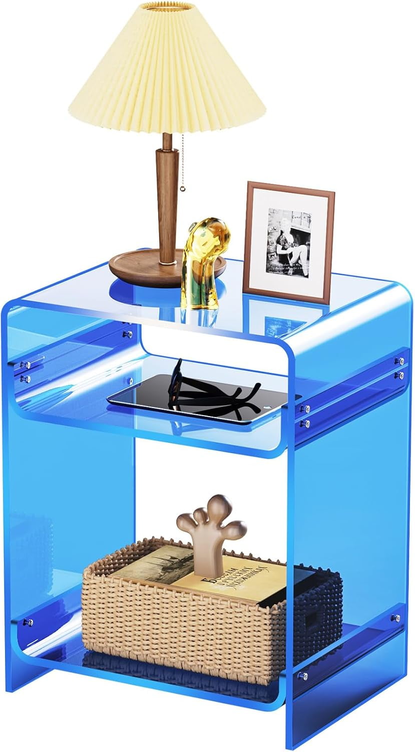 Acrylic End Table Record Player Table with Storage Shelf Clear Side Table Nightstand (15.7x19 ...