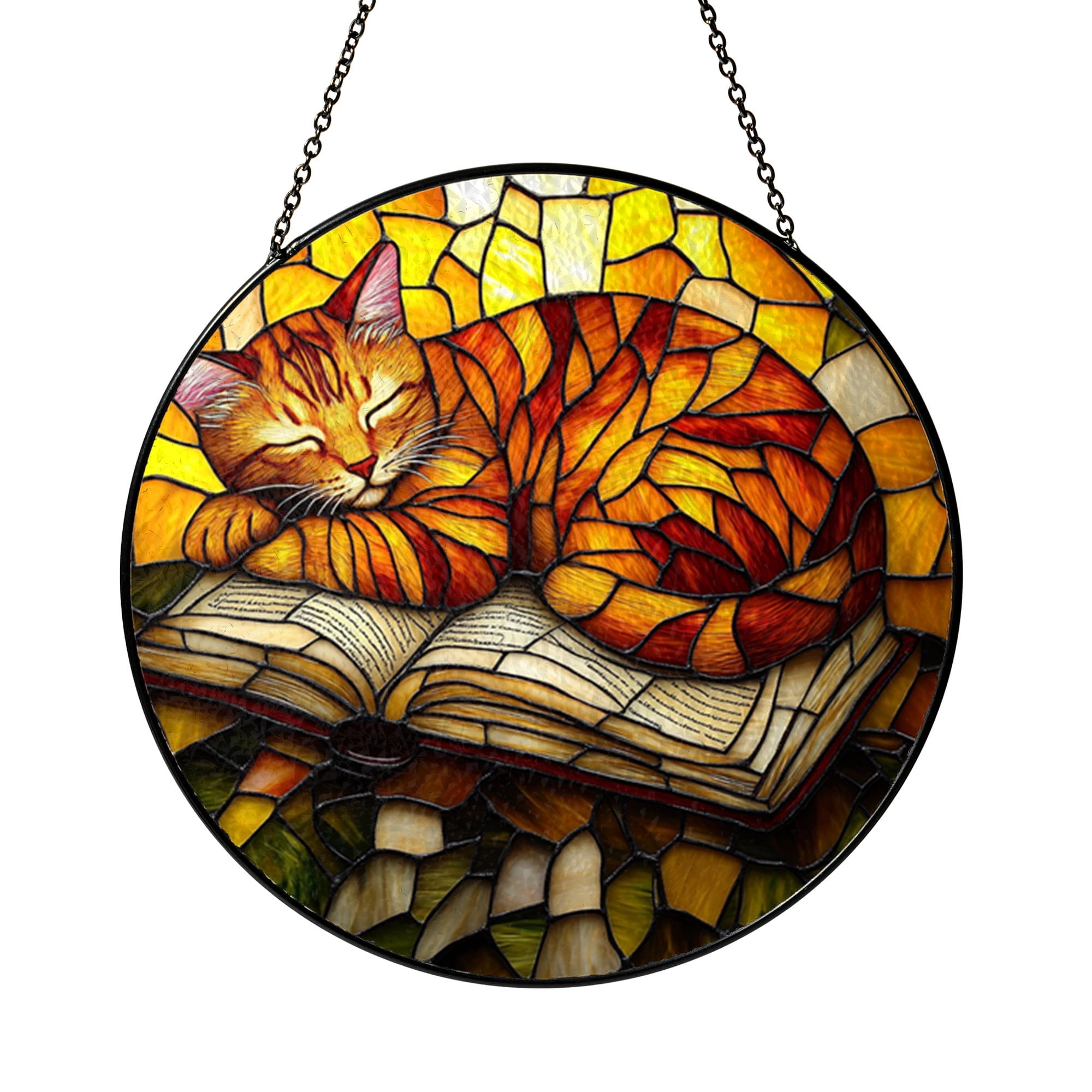 Acrylic Faux Stained Glass Cat Sun Catcher Round Reading Room Window ...