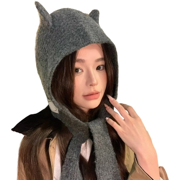 Acrylic Fibre Knitted Cap with Devil Ear And Neck Coverage For Women ...