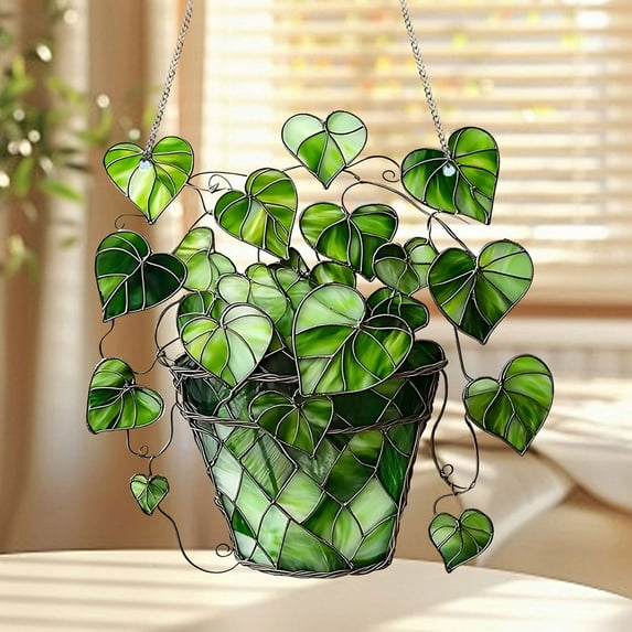Acrylic Green Suncatcher Stained Glass Effect Heart-Leaf Plant Window ...