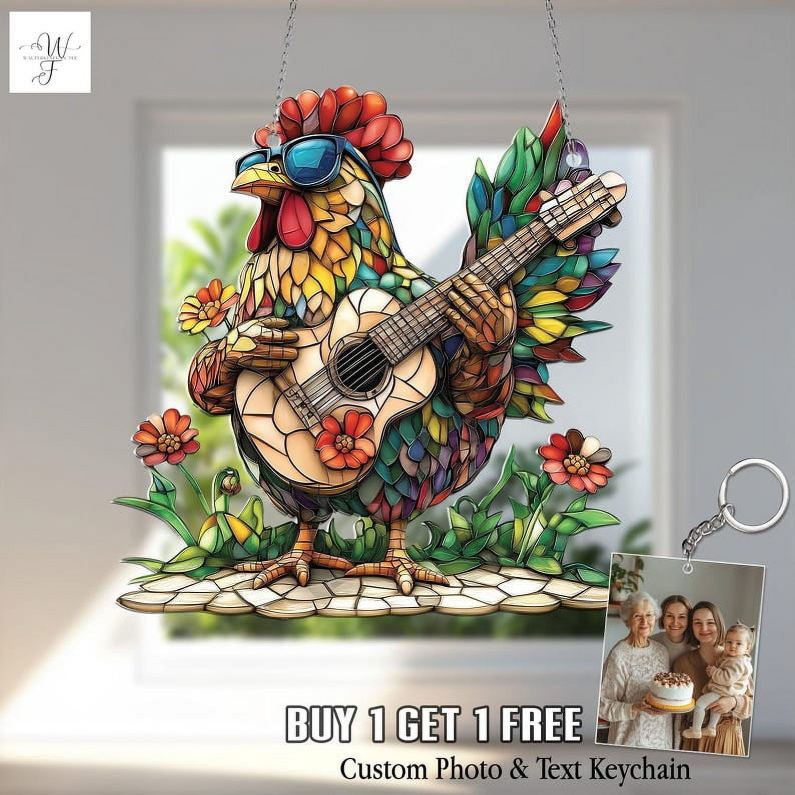 Acrylic Hanging Rooster, Vibrant Chicken with Guitar and Flowers, Fun ...