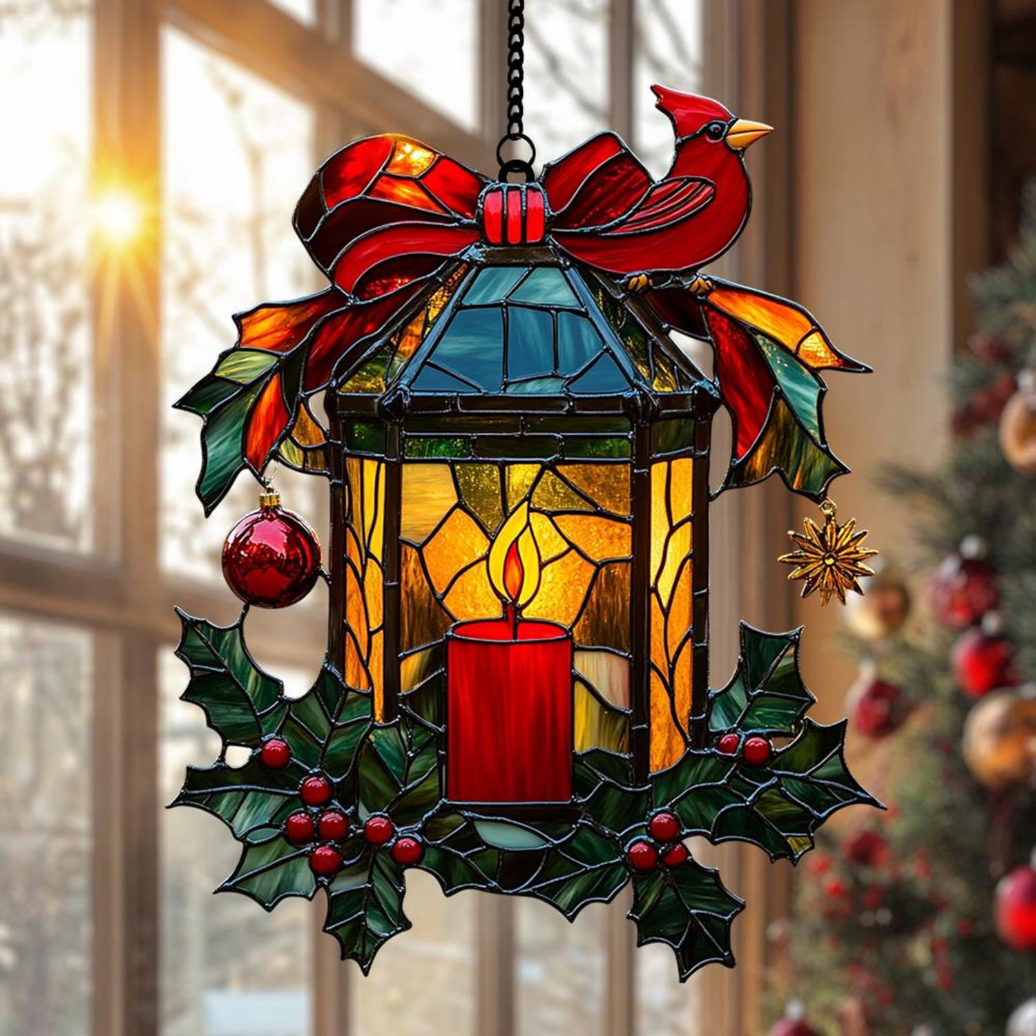 Acrylic Holly Cardinal Candle Lantern Suncatcher | Red Ribbon Window ...