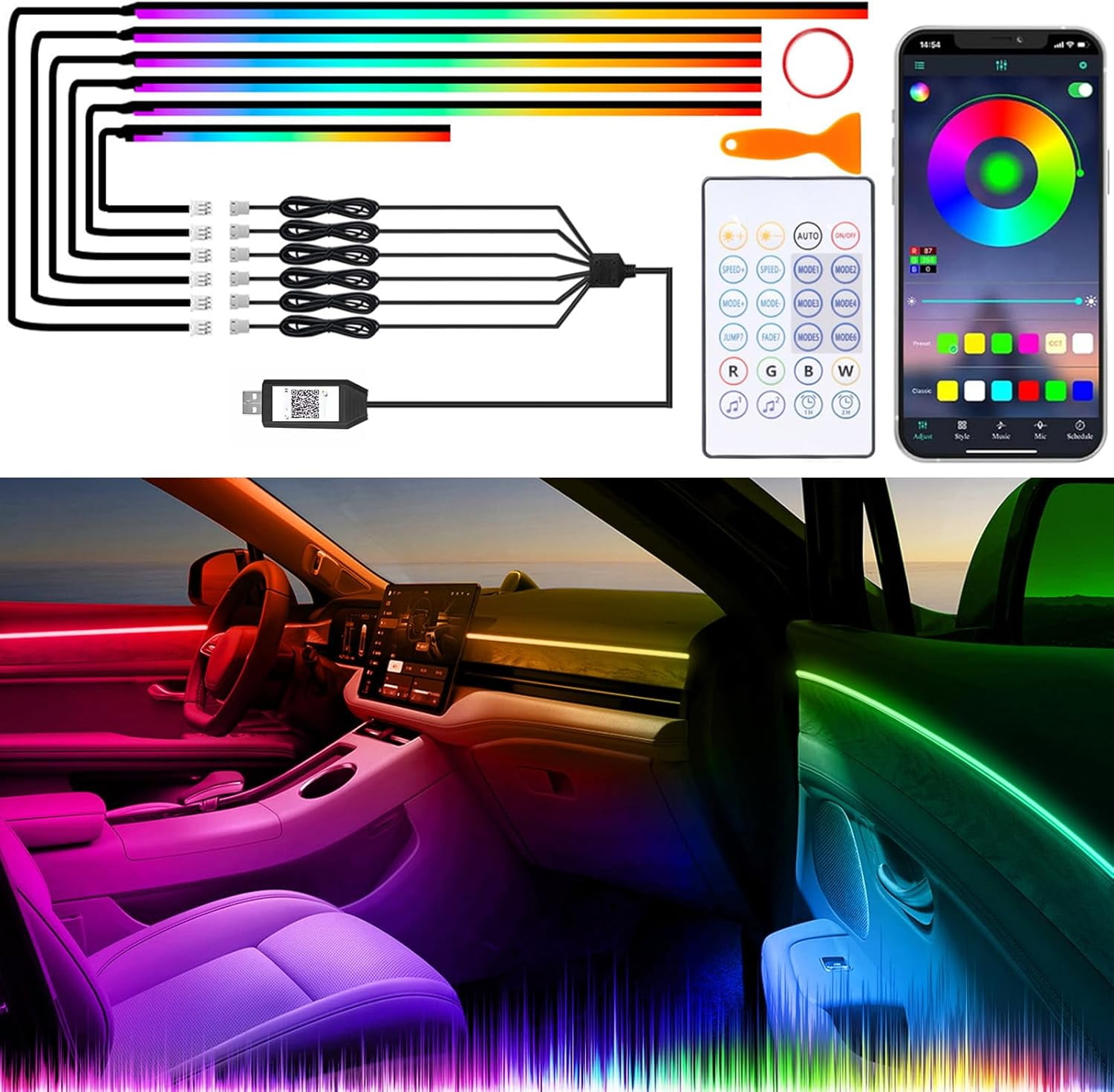 Acrylic Interior Car LED Lights with Wireless APP/Remote/Button Control ...