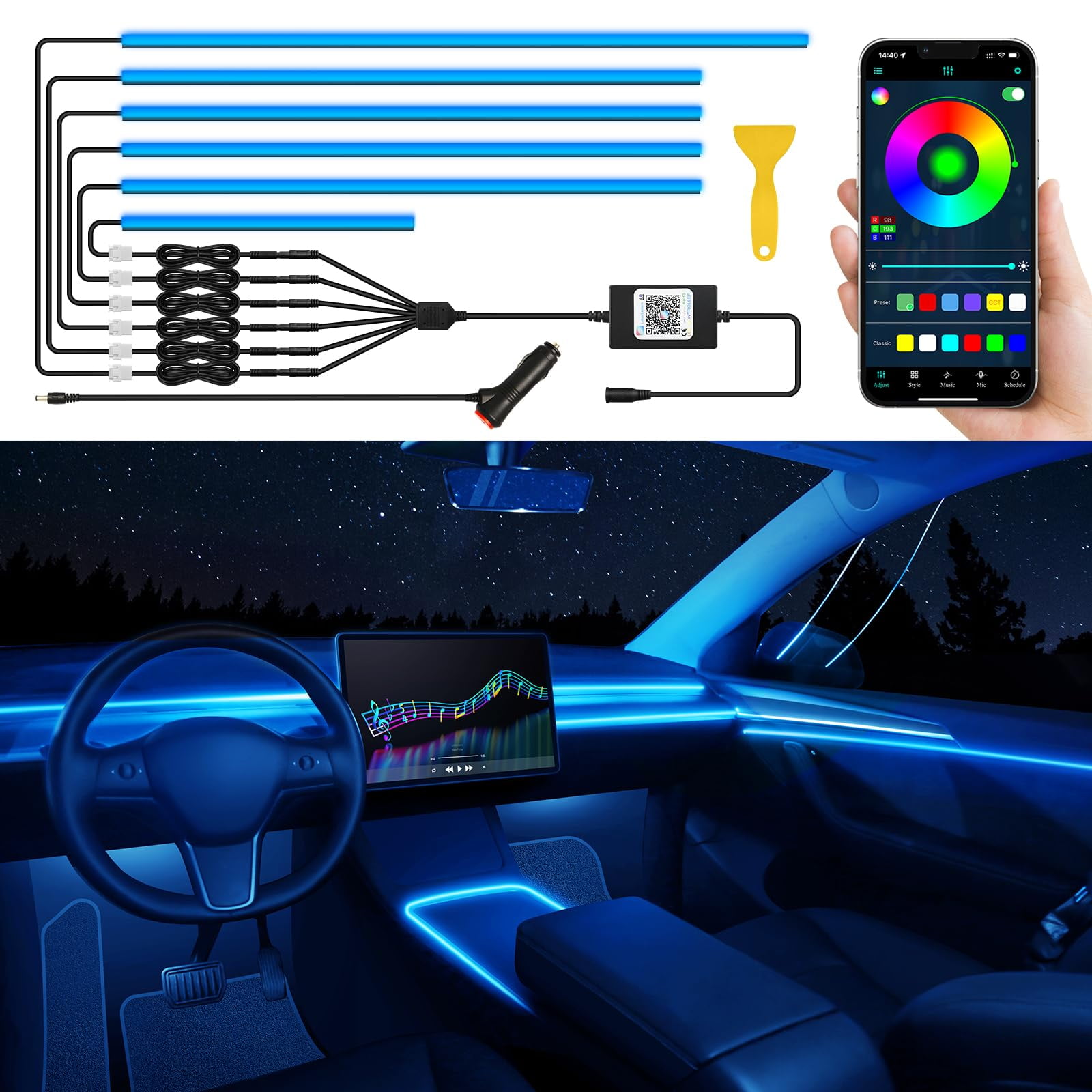 Acrylic Interior LED Strip IFF17 Light for Car with Wireless APP, RGB 6 ...