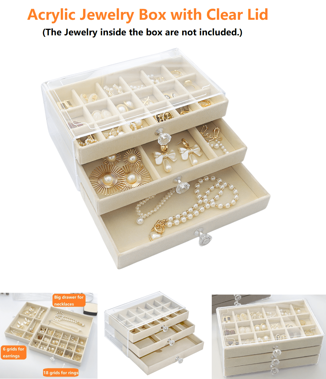 Acrylic Jewelry Box with Clear Lid, 3 Drawers 18 Grids Velvet Lining ...
