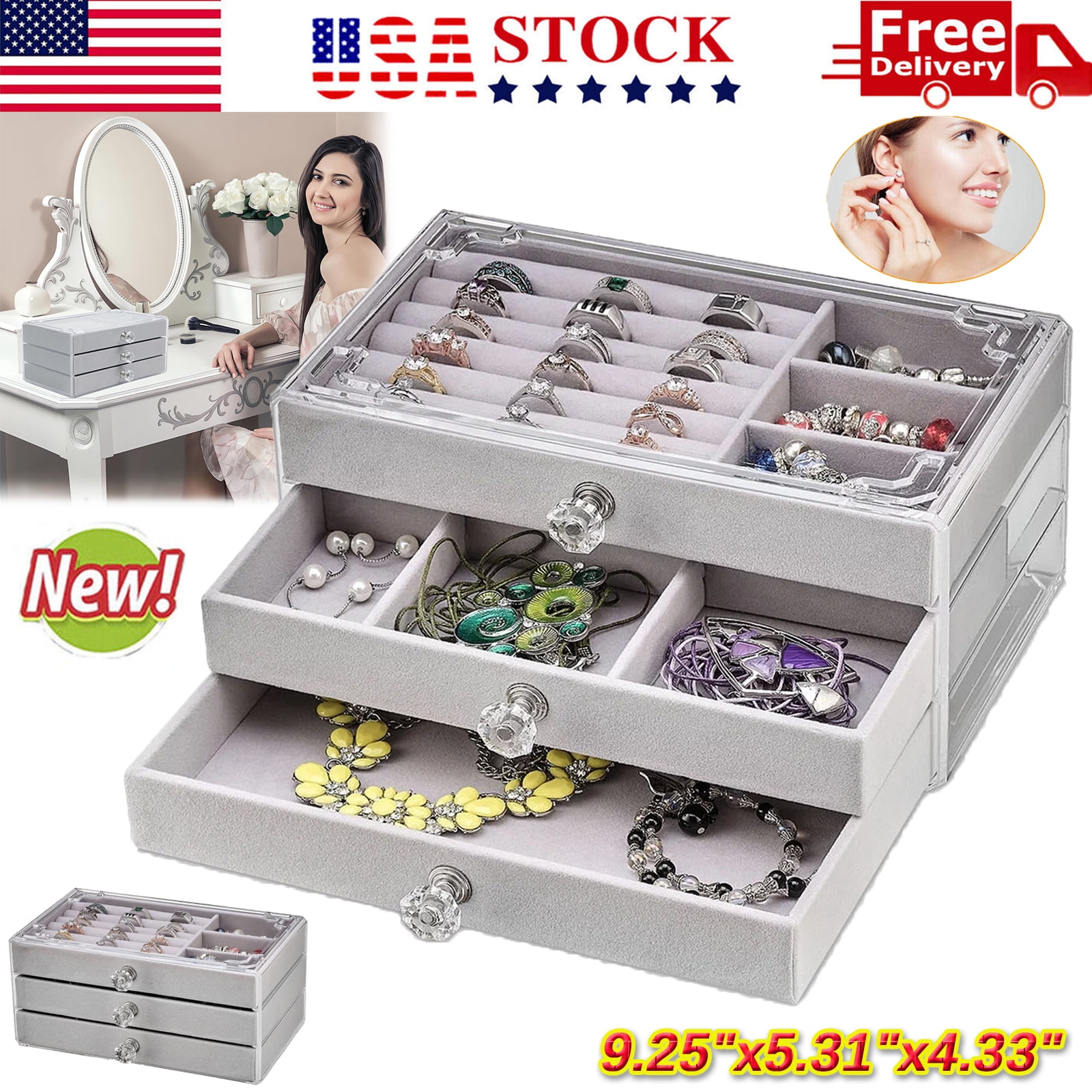 Acrylic Jewelry Organizer Box 3 Drawers Jewelry Display Case 3-Tier Jewelry Boxes for Earring ...