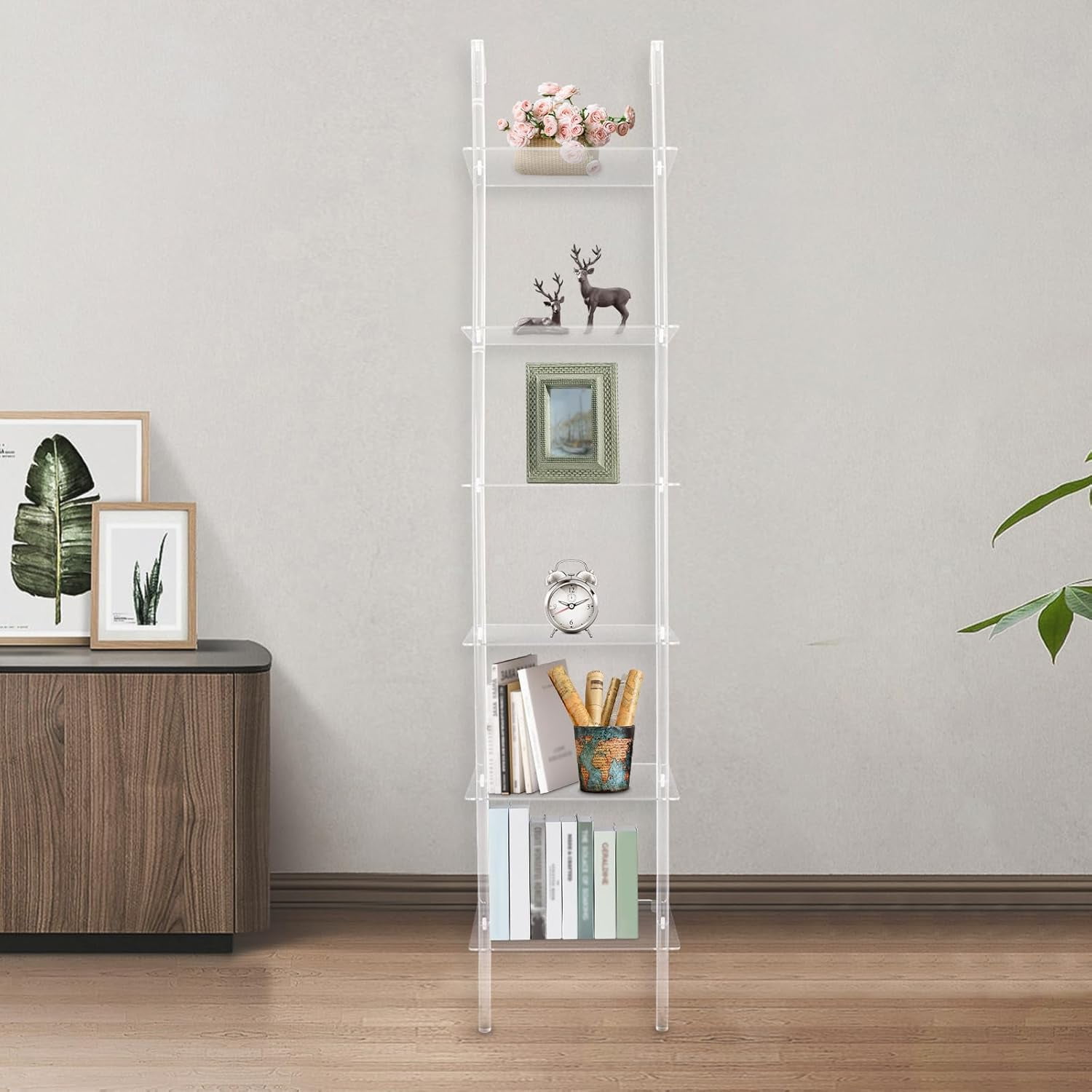 Acrylic Ladder Bookshelf, 6-Tier Clear Wall Mounted Book Shelf for ...