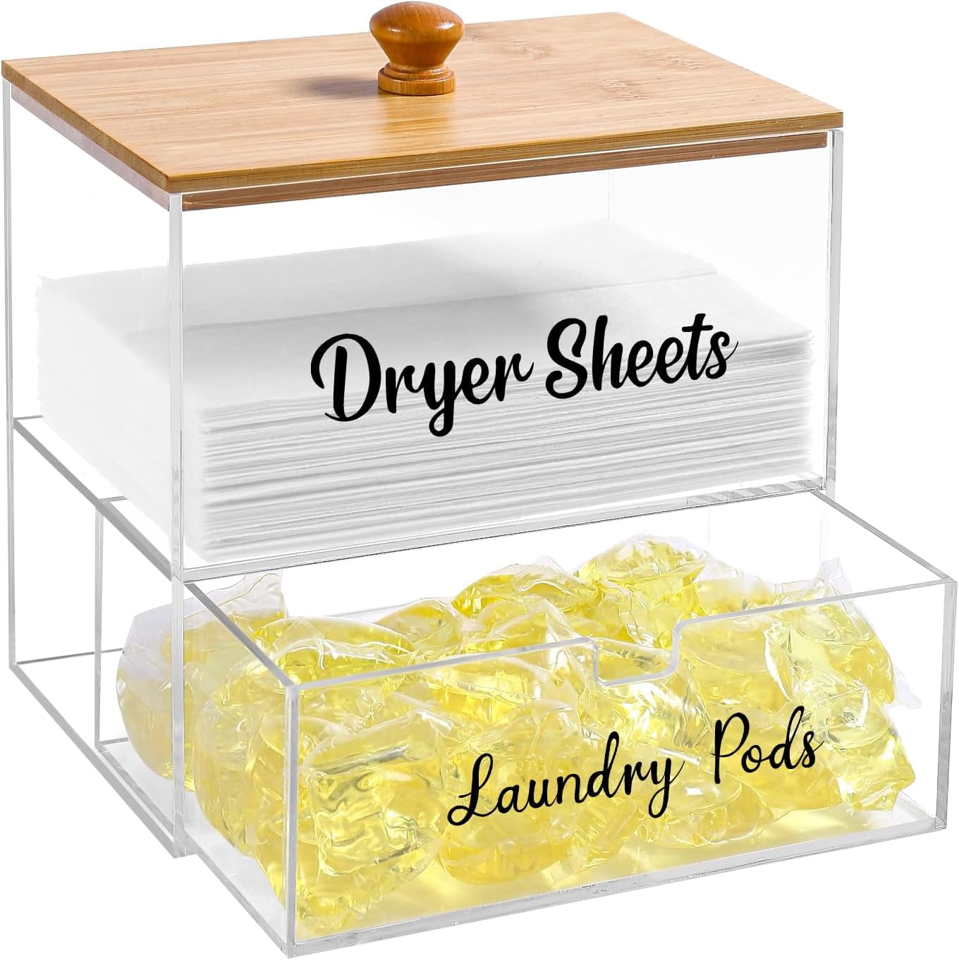 Acrylic Laundry Pods Contianer and Dryer Sheet Holder Set with Bamboo ...