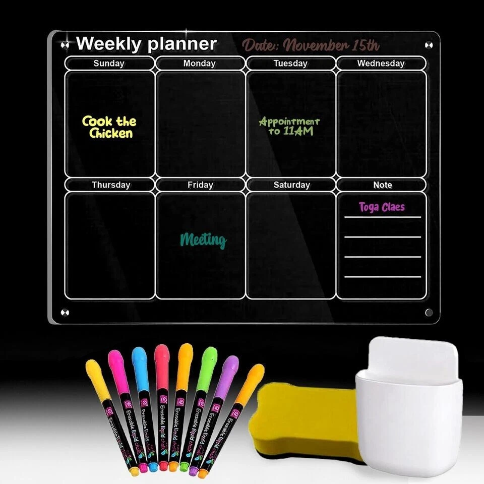 Acrylic Magnetic Weekly Calendar For Fridge W/ 8 Color Markers Dry ...