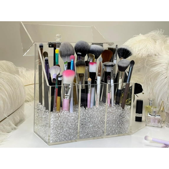 Acrylic Makeup Organizer, Cosmetic Brush Storage Box With Brush Holders ...