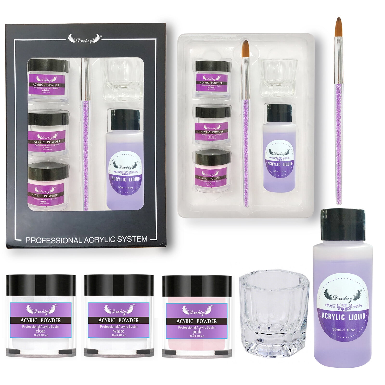 Acrylic Nail Kit Acrylic Powder & Liquid Set with Nail Brush 3 Colors ...