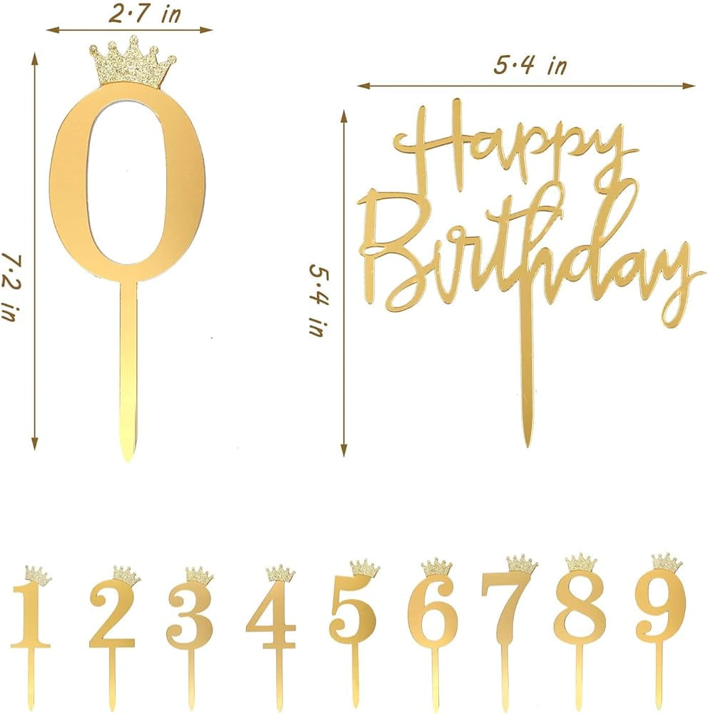 Acrylic Numbers 0-9 Crown Cake Topper and Gold Acrylic Happy Birthday ...