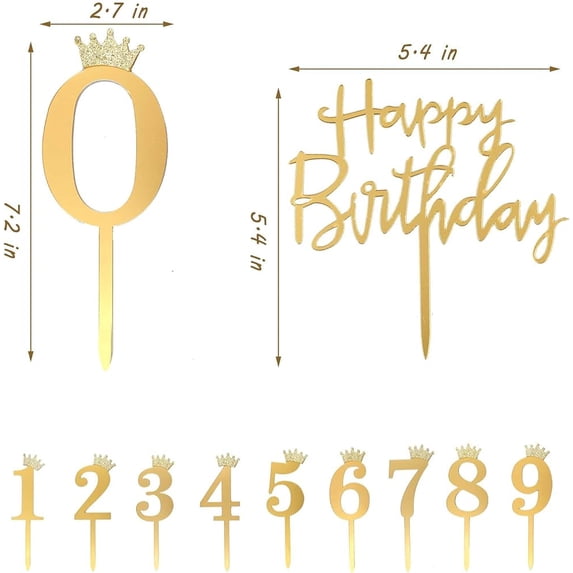 Acrylic Numbers 0-9 Crown Cake Topper and Gold Acrylic Happy Birthday ...