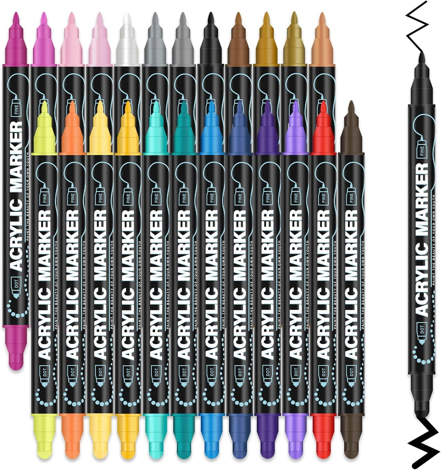 Acrylic Paint Markers, 24 Colors Paint Pens Acrylic Markers, Dual Tip with Dot & Fine Point ...