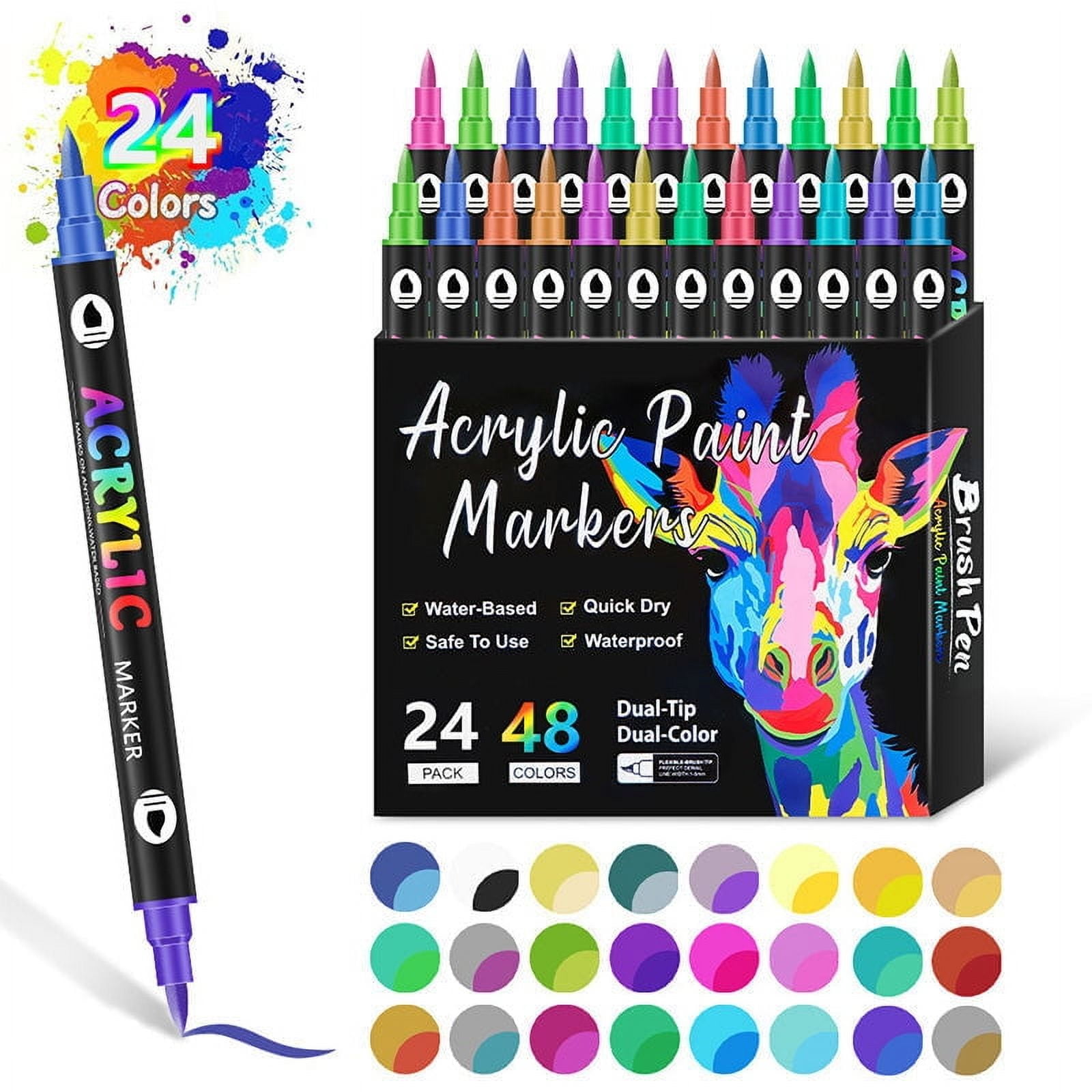 Acrylic Paint Markers, 24-Pack Dual-Tip Dual-Color, Water-Based, Quick ...