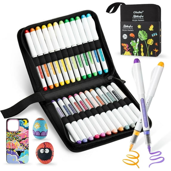 Acrylic Paint Markers Brush Tip: 24 Colors Automatic Ink Control ...