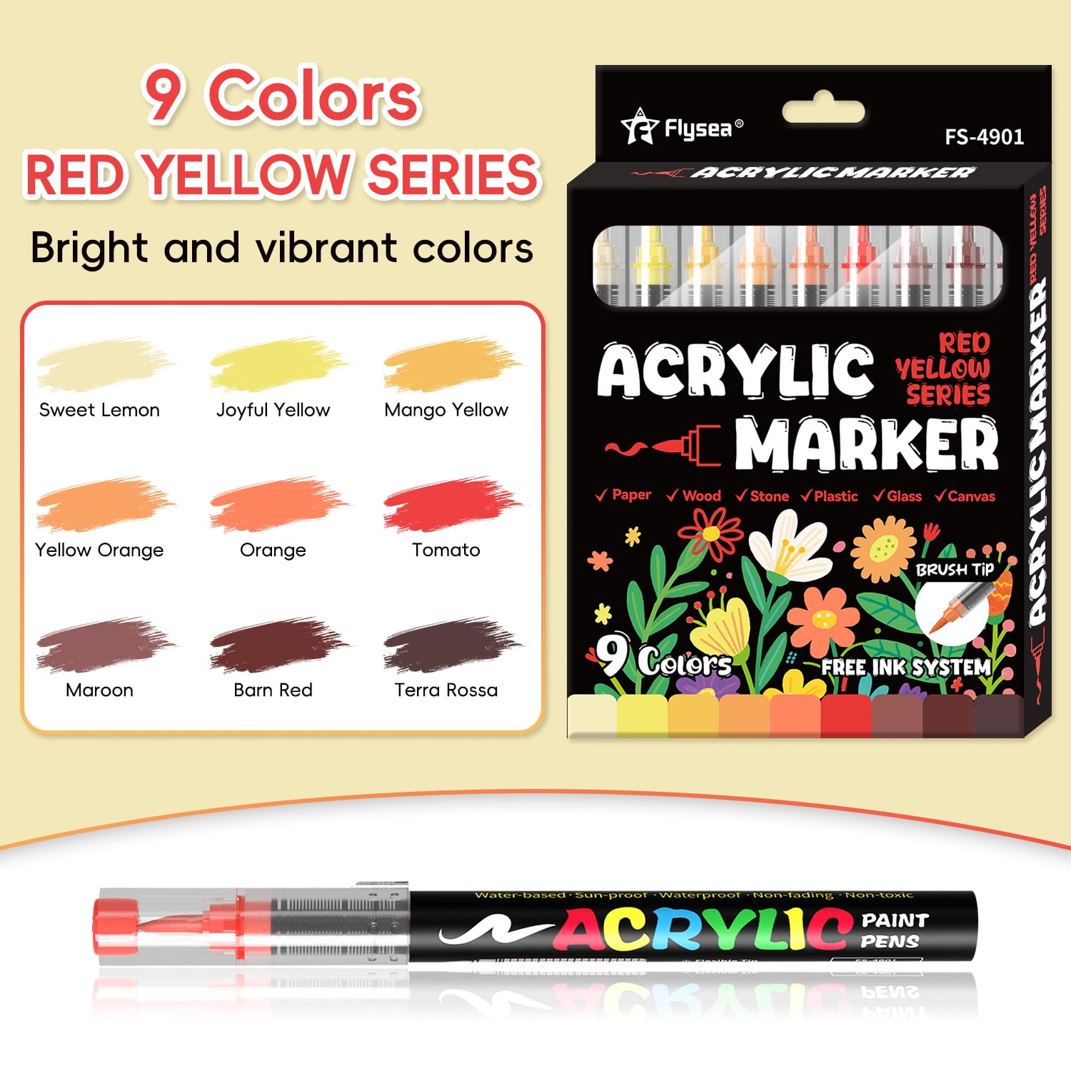 Acrylic Paint Markers Brush Tip, 9 Colors Acrylic Markers with ...