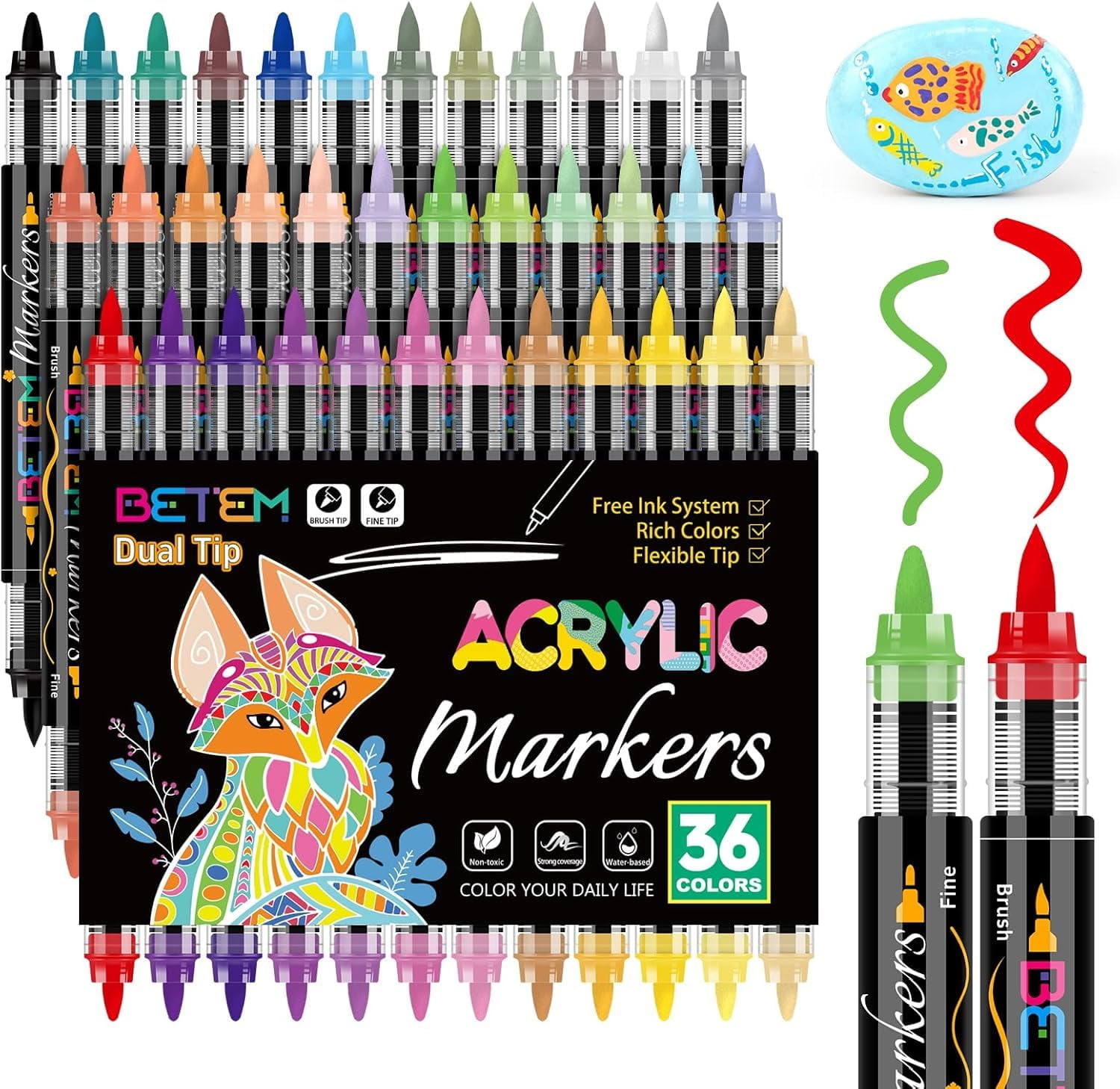 Acrylic Paint Markers Paint Pens, 36 Colors Dual Tip Direct Liquid Acrylic Markers with ...
