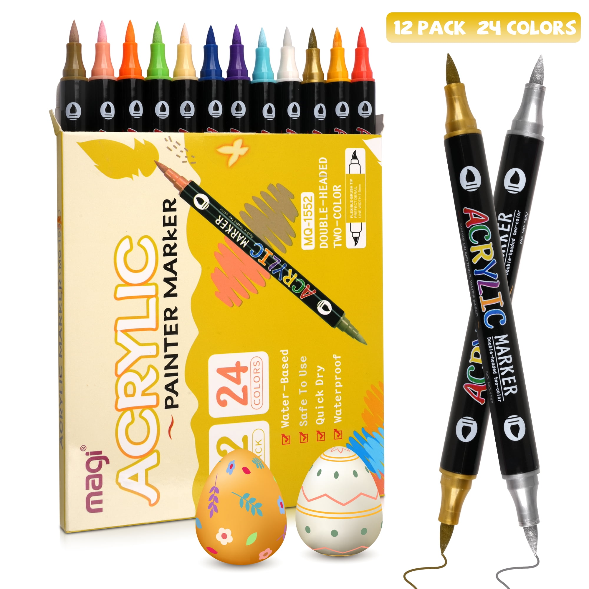 BUSATIA Acrylic Paint Markers, Dual Tip and Two-Color Pens, 12 Pack 24 ...