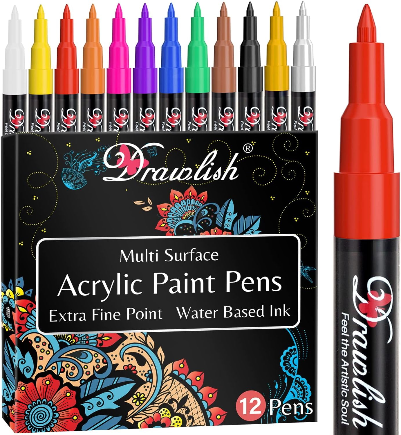 Drawlish Acrylic Paint Pens, Set of 12 Colors, 0.7mm Extra Fine Tip ...