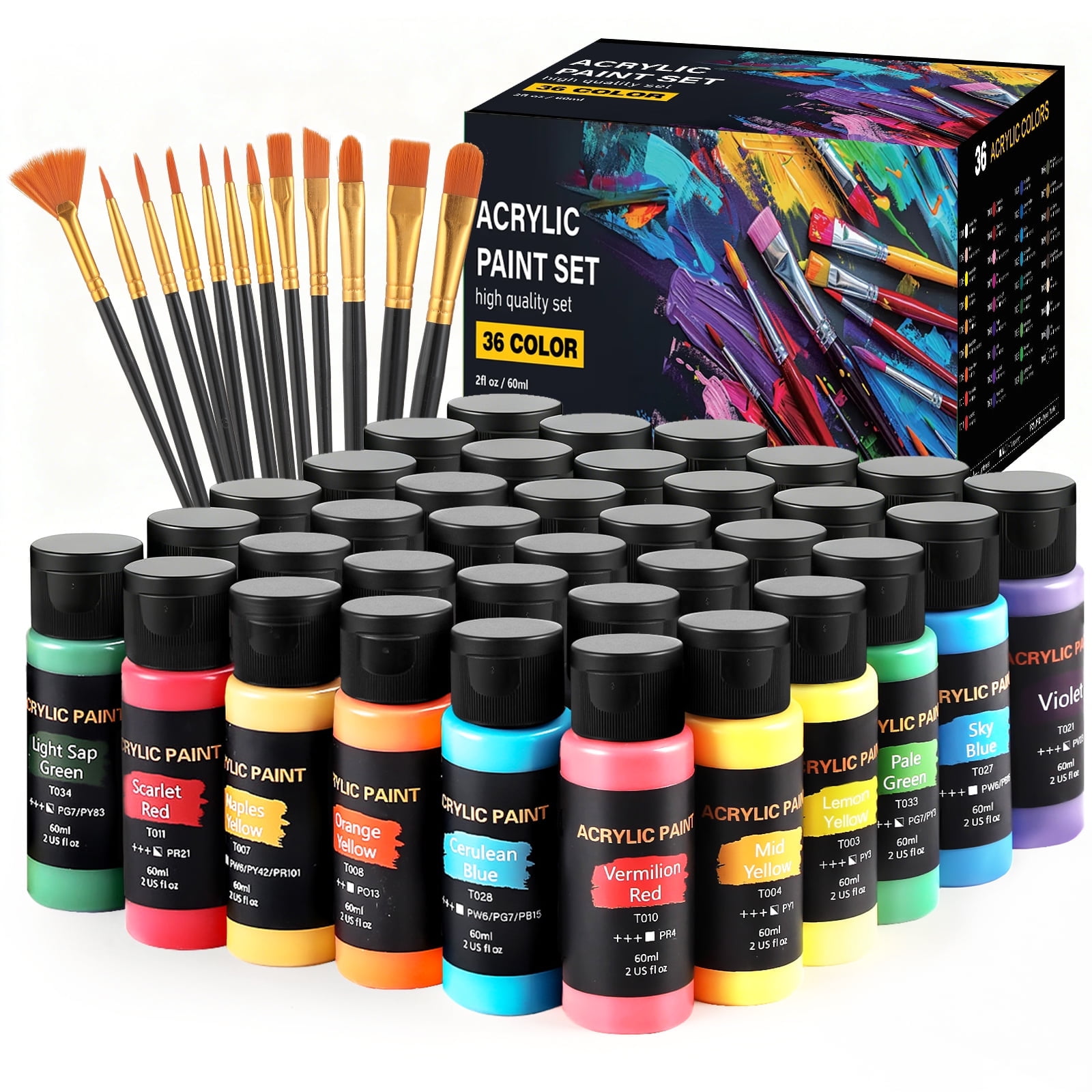 Tmol 36-Color Acrylic Paint Set (2 oz), Non-Toxic Rich Pigments with 12 ...