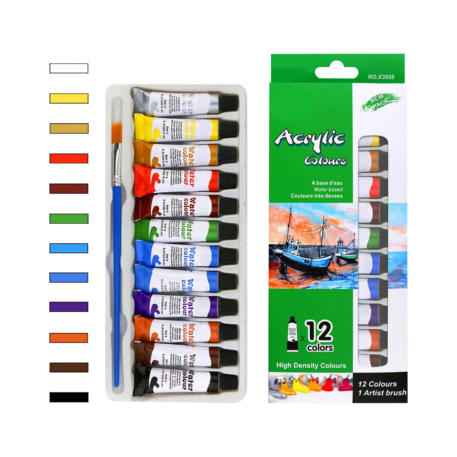 Acrylic Paint Set, 12 Tubes Of 6Ml High Density Colors With 1 Artist ...