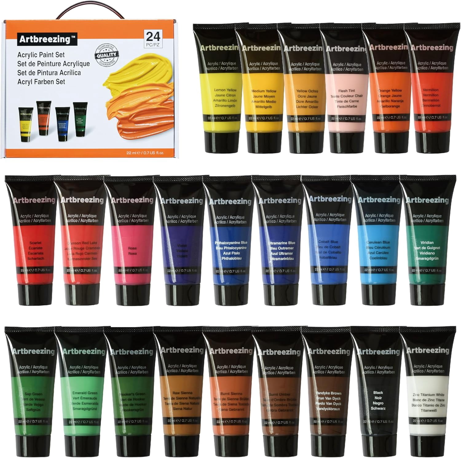 Acrylic Paint Set 24 Colors 0.74 oz 22 ml Tubes for Canvas Wood Fabric ...