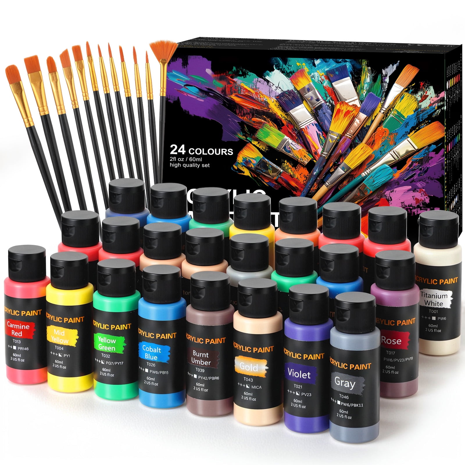 Acrylic Paint Set 24 Colors(2oz /60ml) with 12 Brushes,Rich Pigmented ...