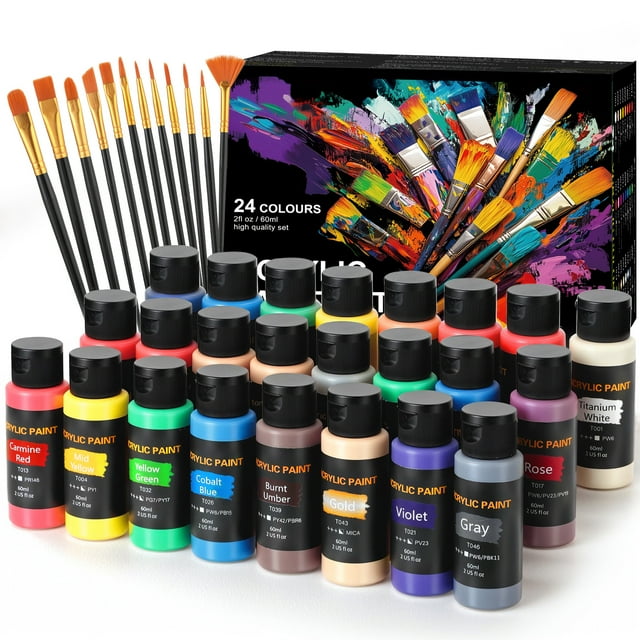 Acrylic Paint Set 24 Colors(2oz /60ml) with 12 Brushes,Rich Pigmented ...