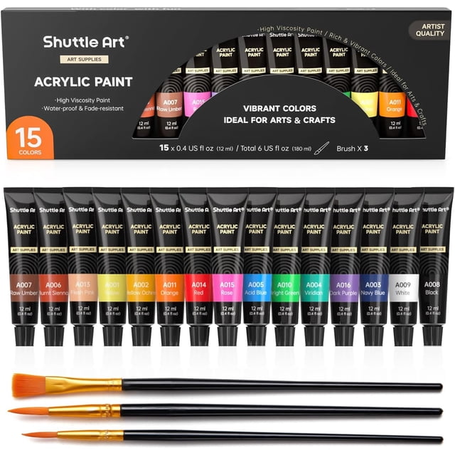 Shuttle Art Acrylic Paint Set, 15 x 12ml Tubes, Non-Toxic, Rich ...