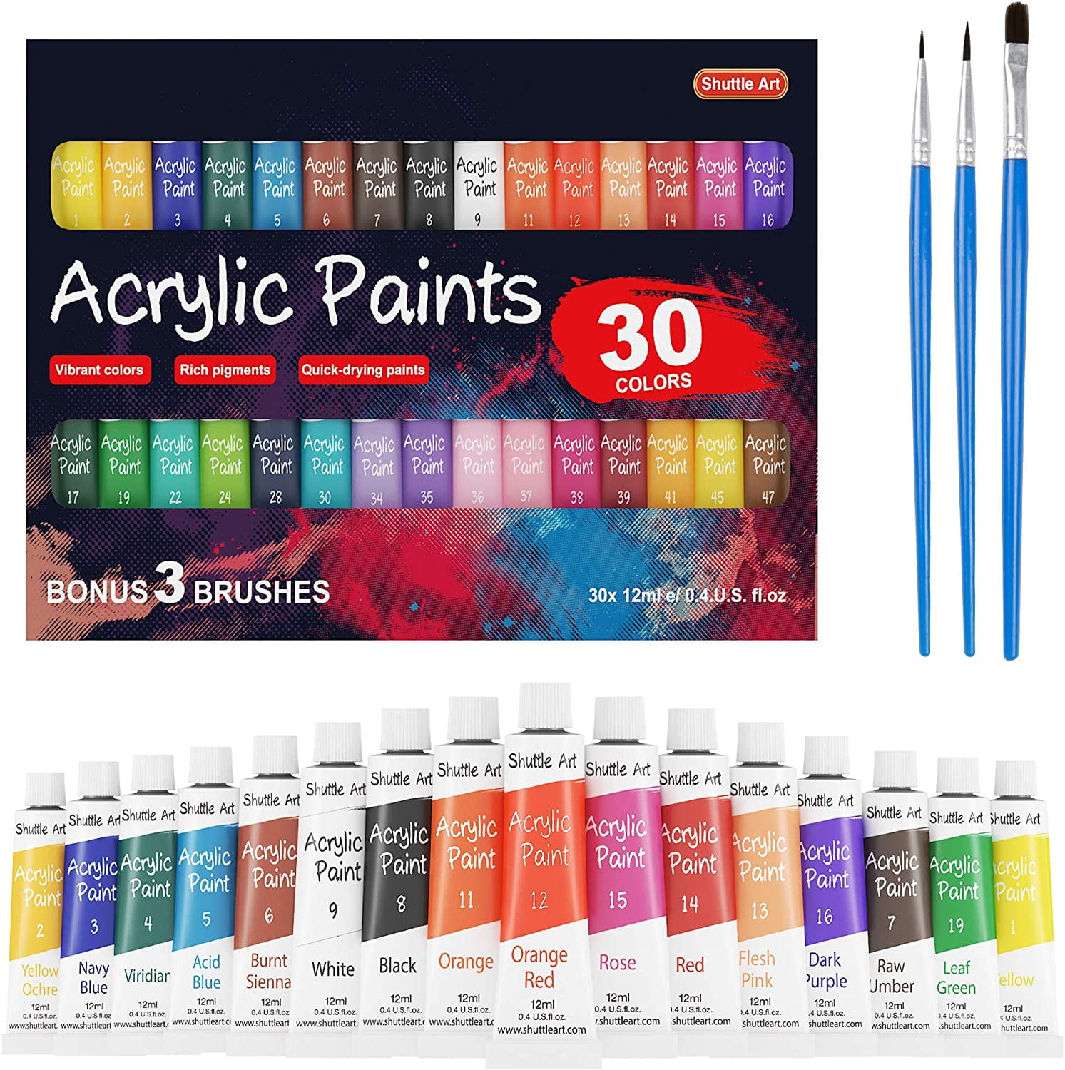 Acrylic Paint Set, Shuttle Art 30 x12ml Tubes Artist Quality Non Toxic ...