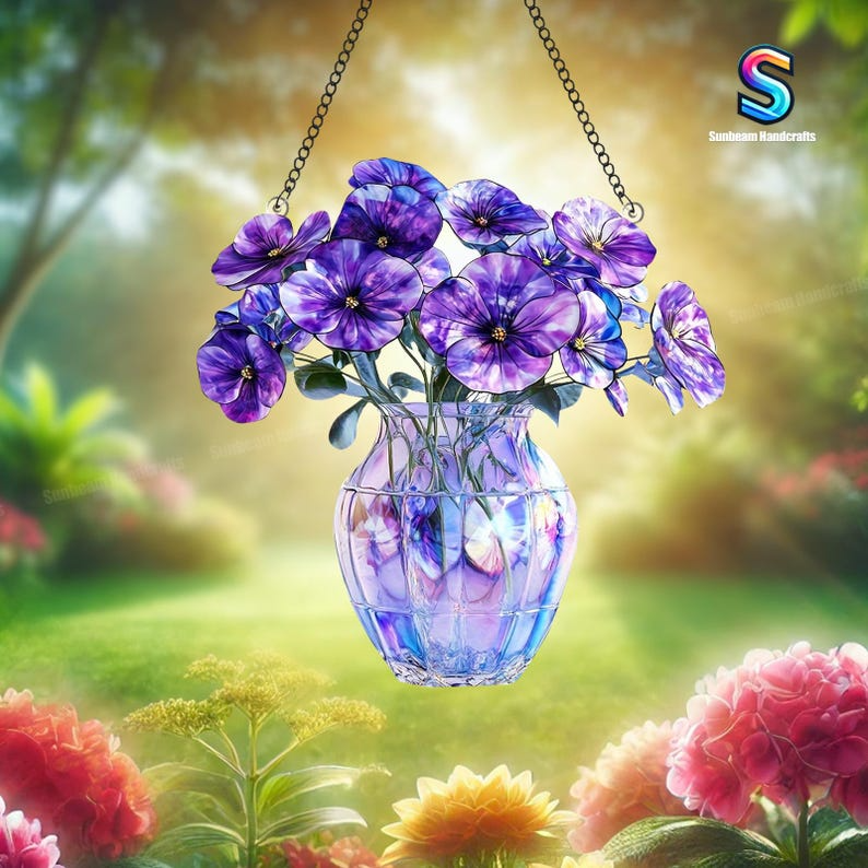 Acrylic Pansy Suncatcher, Hanging Floral Window Decor, Purple Flower ...
