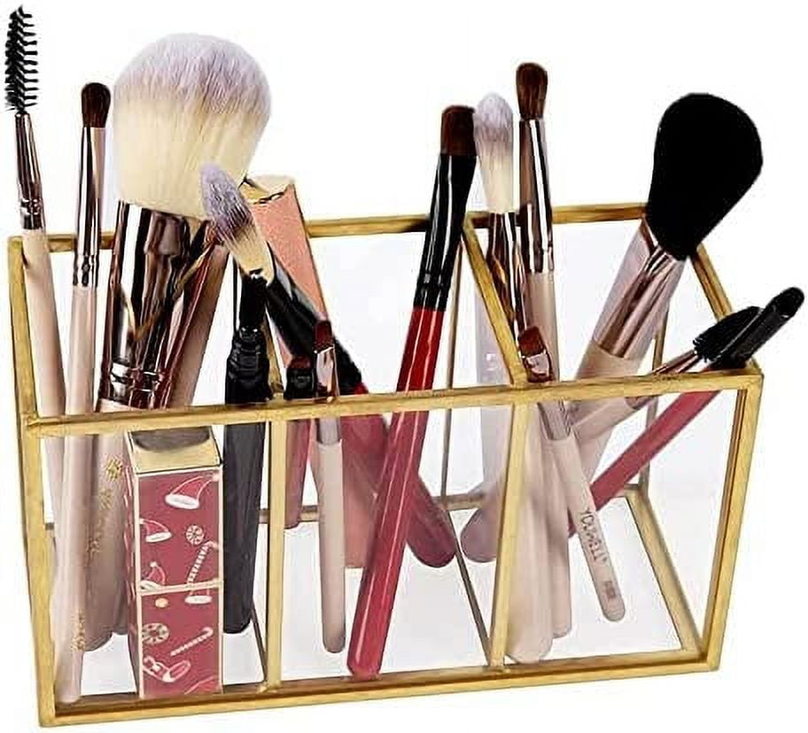 Acrylic Pen Holder 3 Compartments, Gold Pencil Organizer Cup for ...