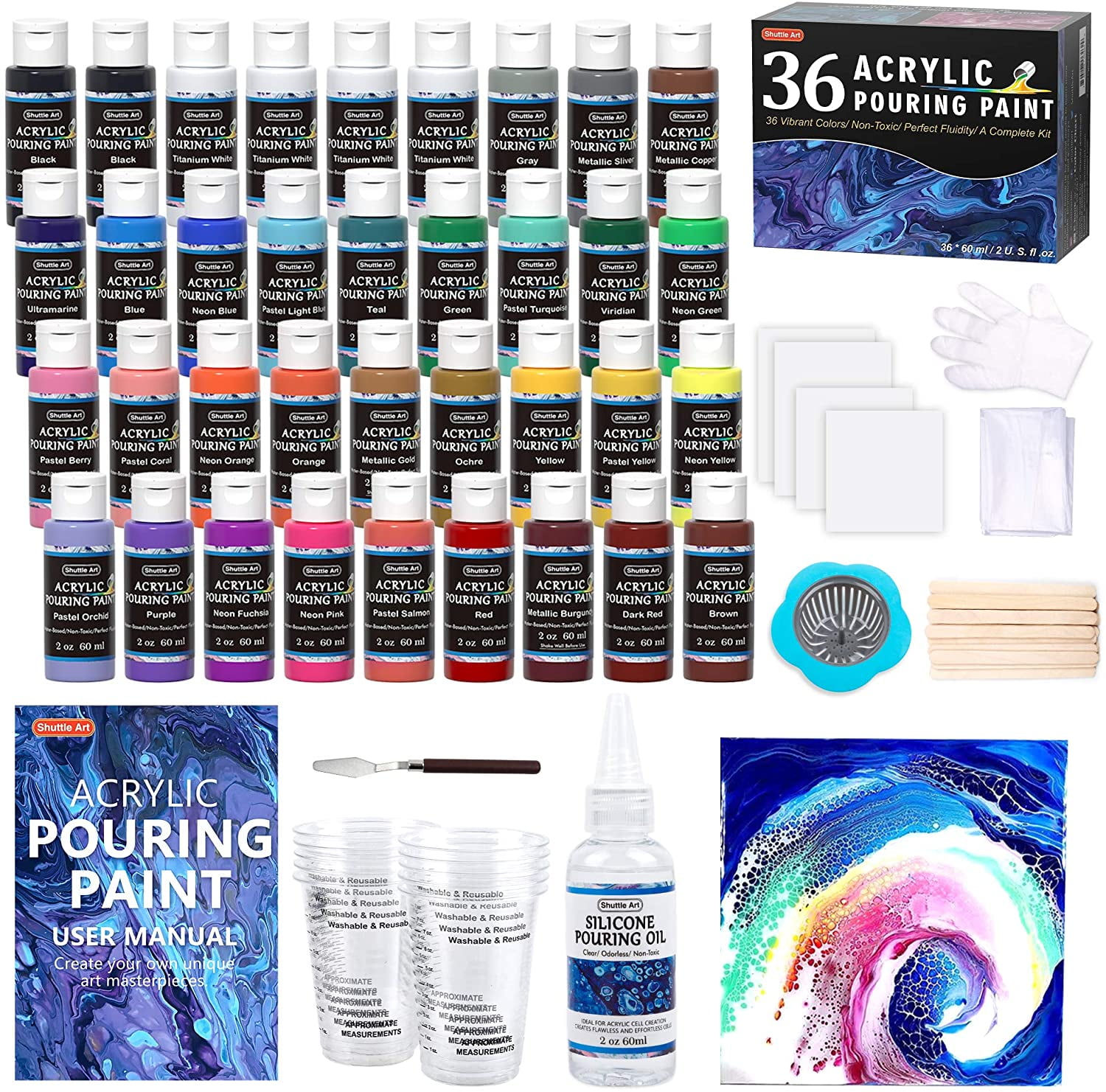 Acrylic Pouring Paint, Shuttle Art Set of 36 Bottles (2 oz/60ml) Pre ...
