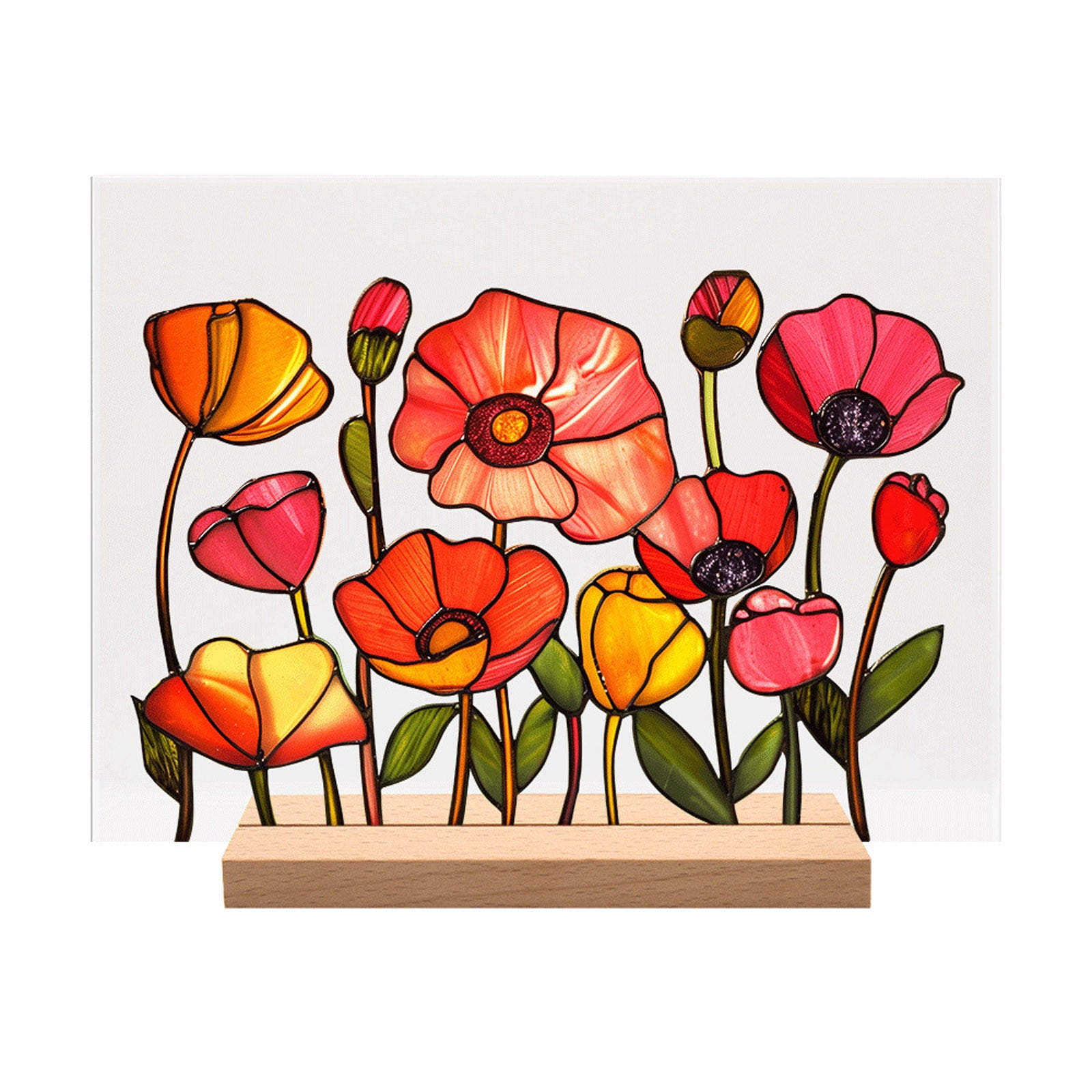 Acrylic Printed Floral Desktop Decoration with Wooden Base, Transparent ...