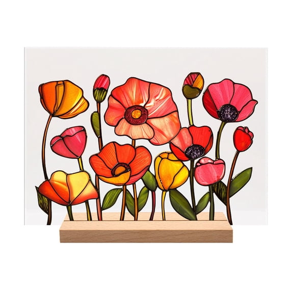Acrylic Printed Floral Desktop Decoration with Wooden Base, Transparent ...