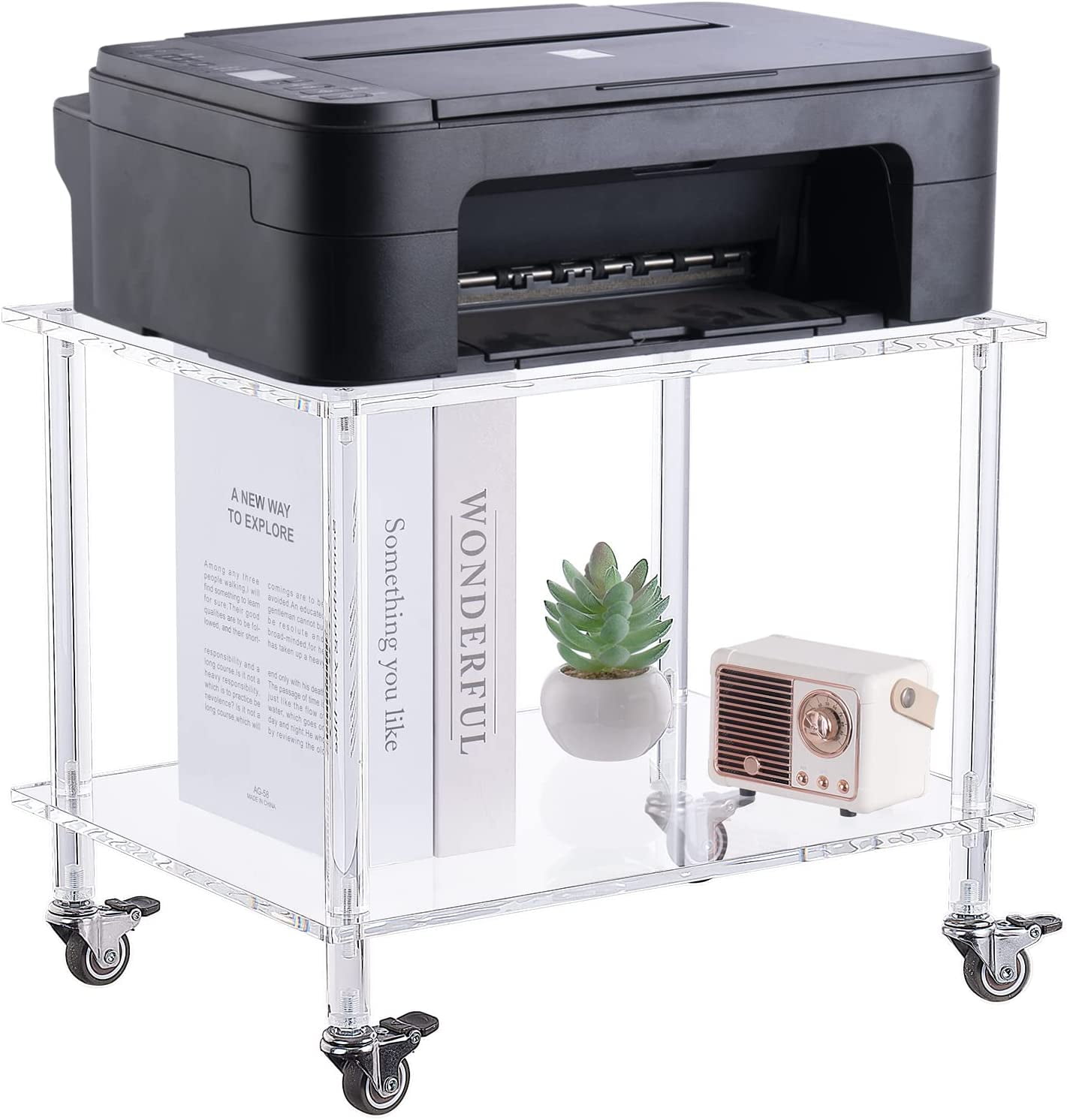 Acrylic Printer Stand - 2-Tier Under Desk Printer Table with Wheels ...