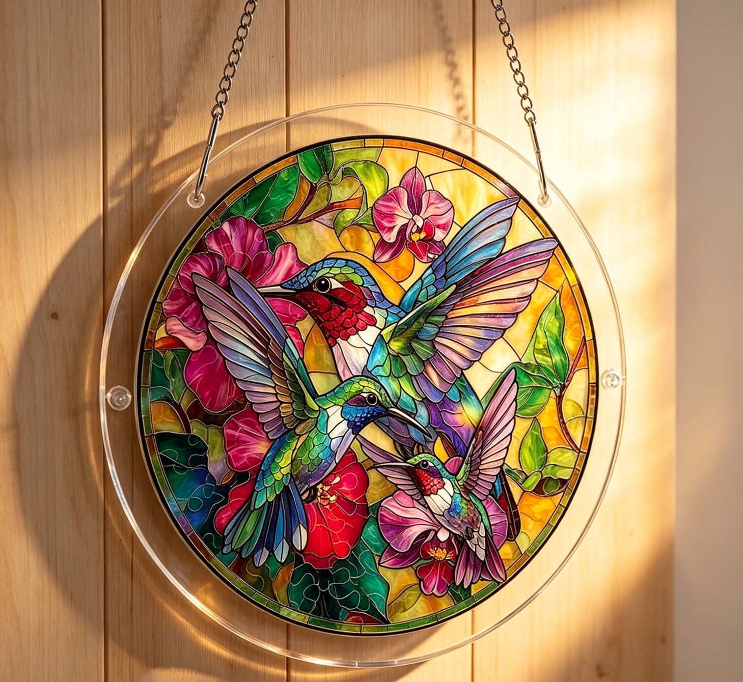 Acrylic Puzzle Suncatcher, 7.4" Vibrant Hummingbird Family Floral Decor ...
